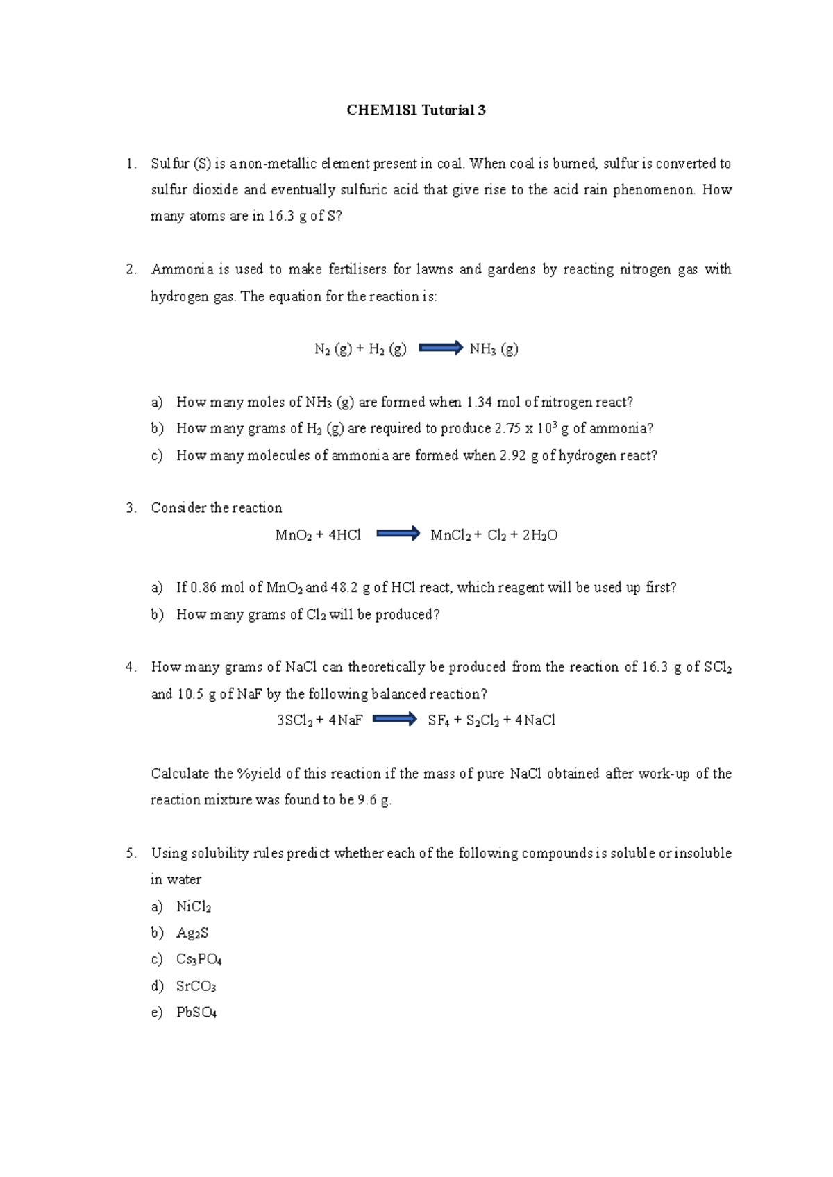 CHEM181 Tutorial 3 - Reactions and Calculations in Chemistry - Studocu