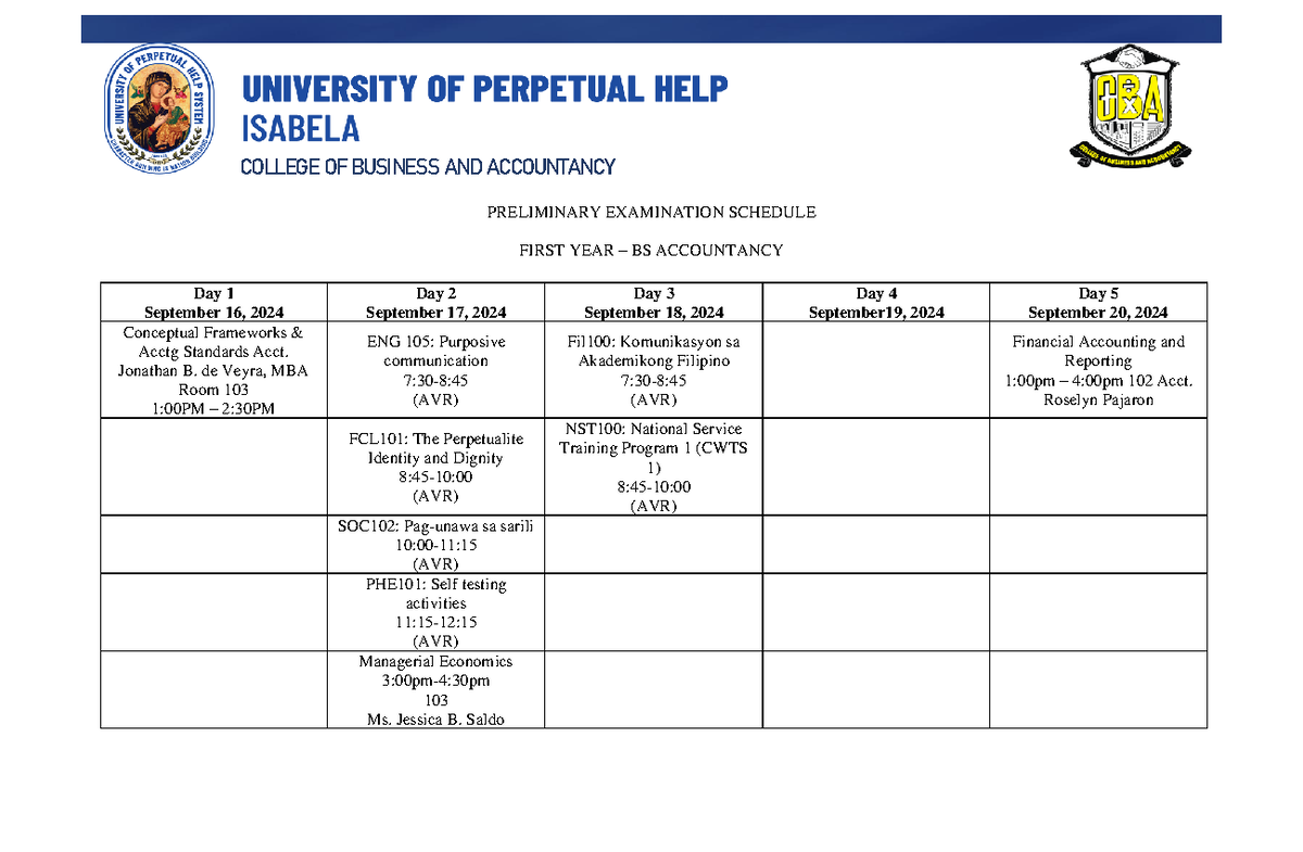 BSA Prelim Schedule 1ST SEM 2024 2025 1 - PRELIMINARY EXAMINATION ...