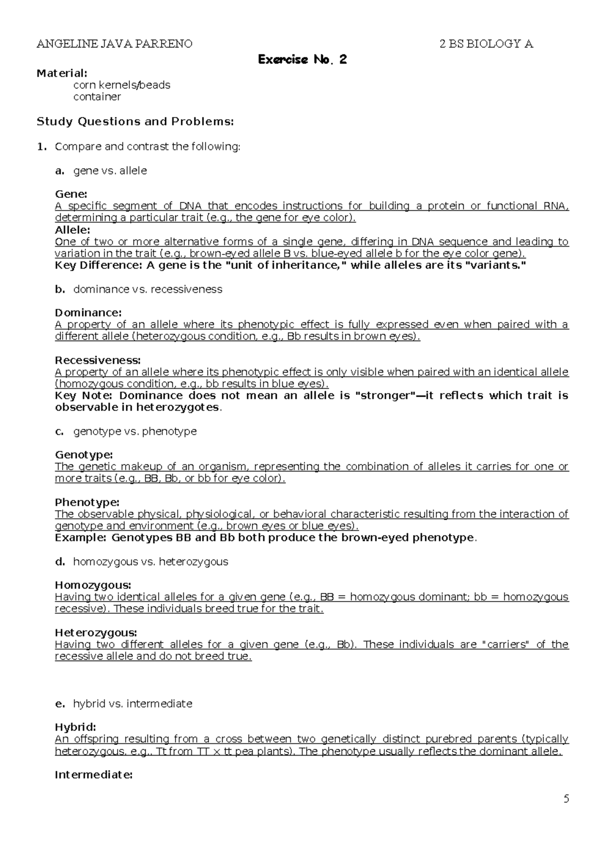 Ex-2 Gene Segregation Assignment: Study Questions & Problems 2 BS ...