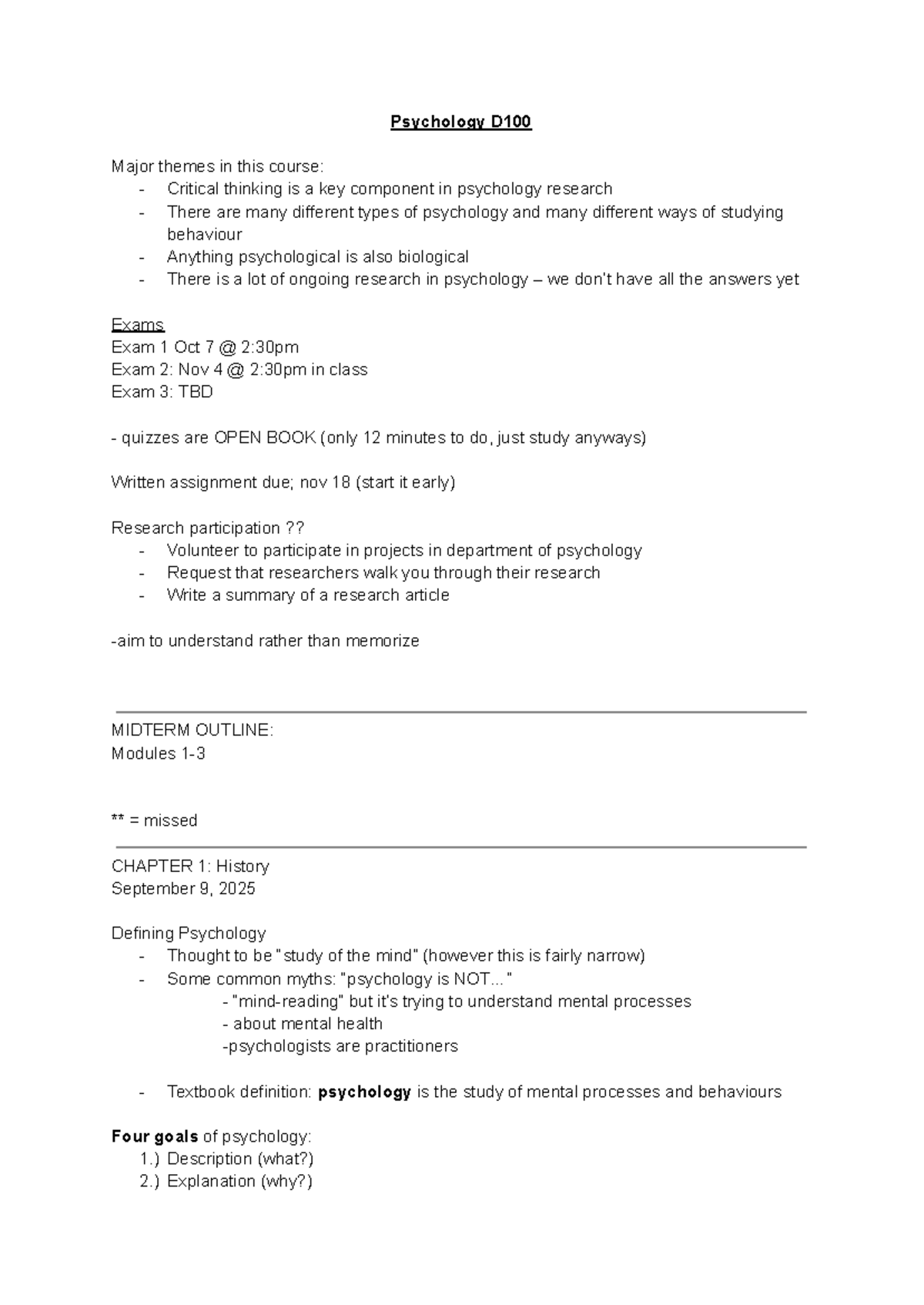 PSYC 100 - Midterm Notes on Chapters 1-3: Key Themes in Psychology ...
