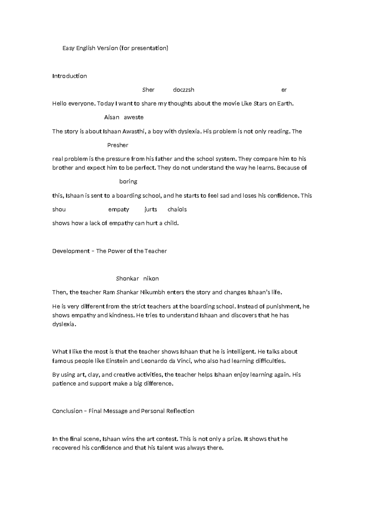 ENG 101: Presentation Notes on "Like Stars on Earth" - Studocu