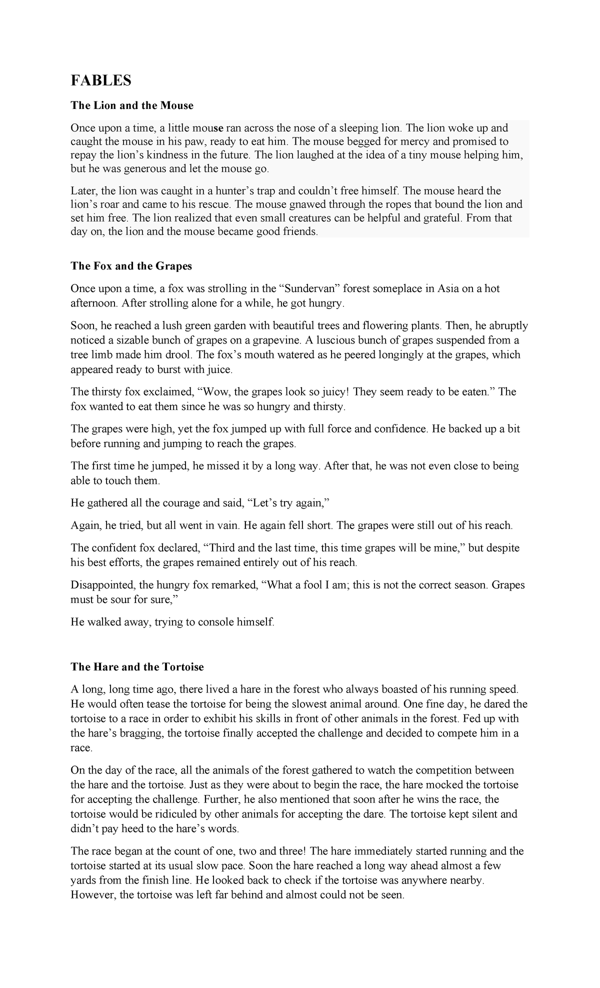 Fables: The Lion and the Mouse, The Fox and the Grapes, The Hare and ...