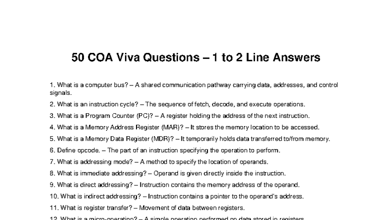 COA 50 QA One-Line Answers for Full Viva - KTU - Studocu