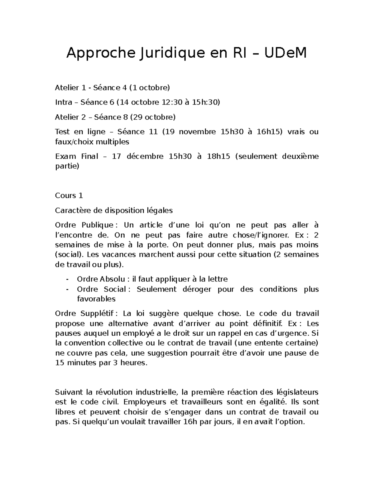 Notes Juridiques UDeM - Approche en RI et Droit du Travail - Studocu