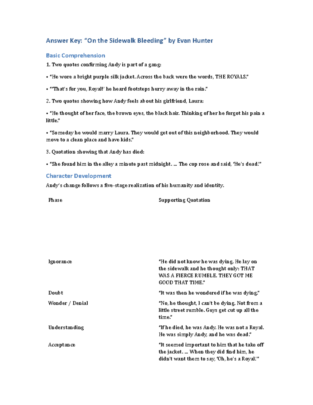 Answer Key: On the Sidewalk Bleeding - Basic Comprehension Insights ...