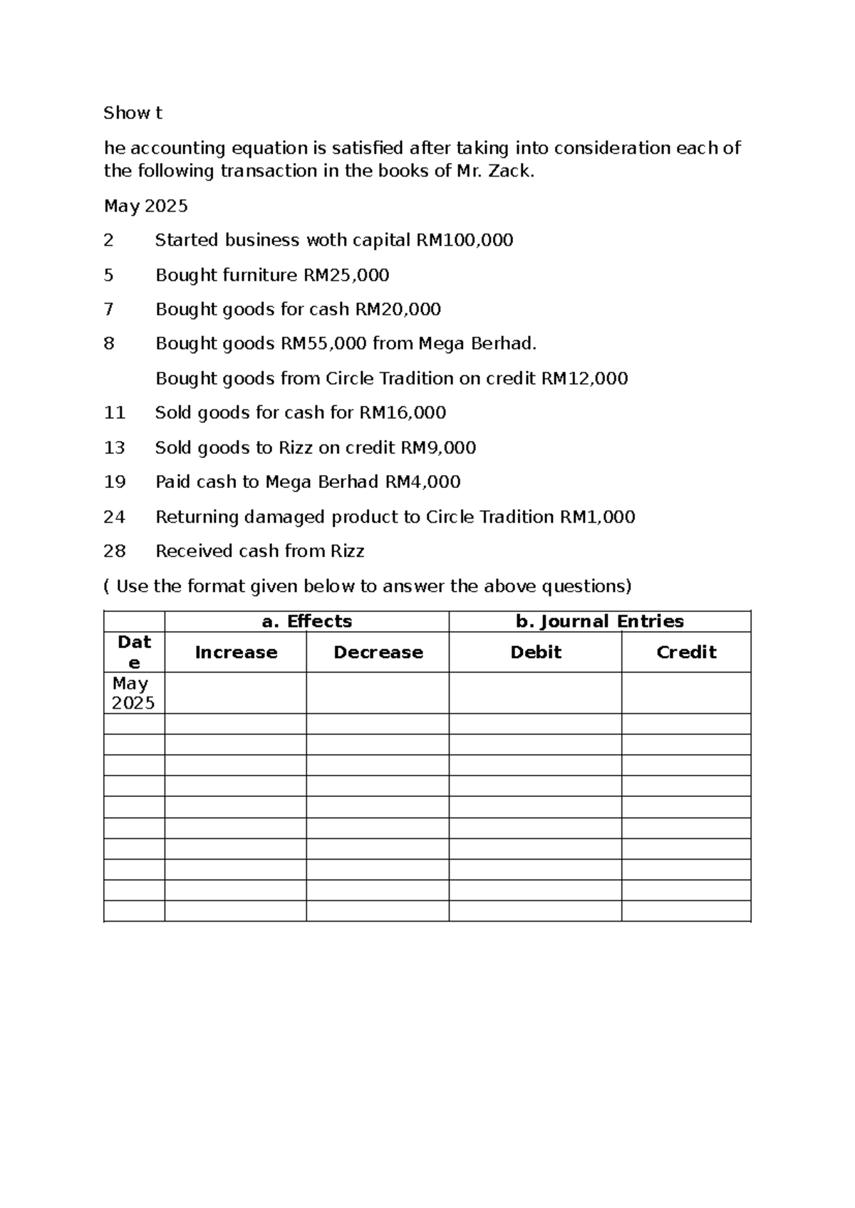 Practice Accounting Equations: Transactions Analysis for May 2025 - Studocu