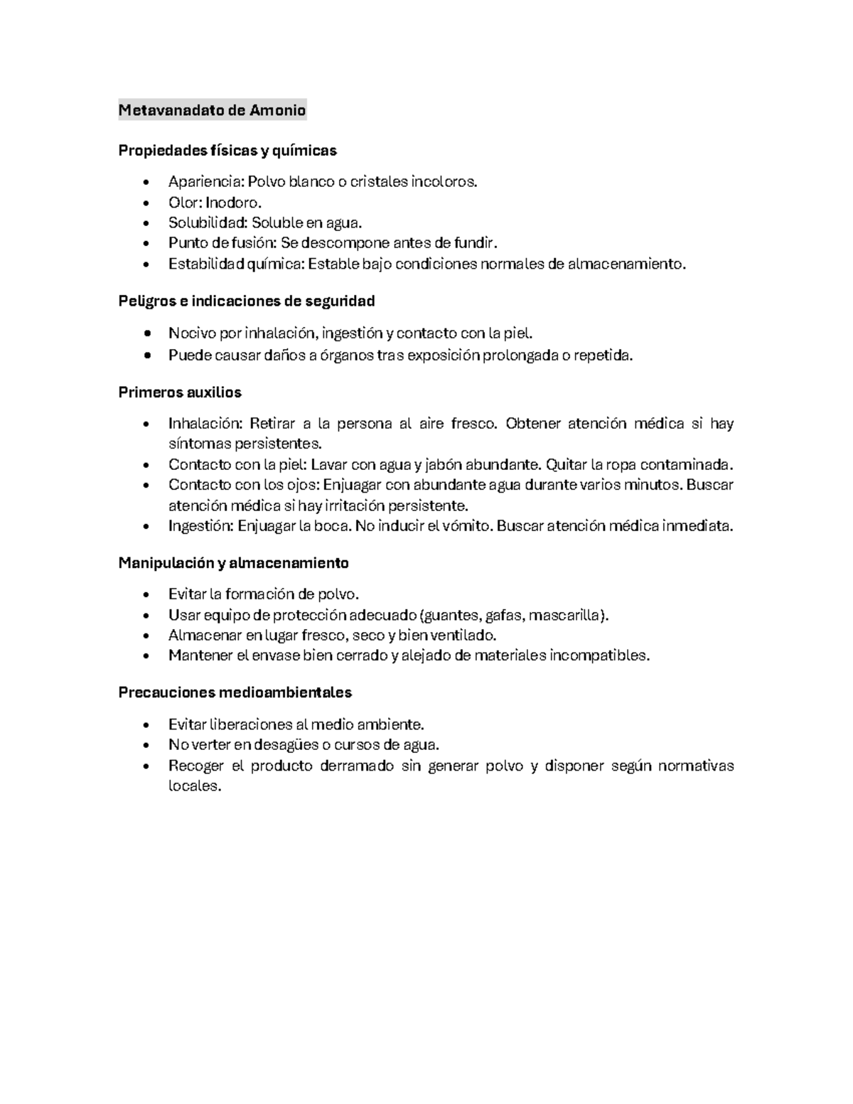 Hojas de Seguridad de Compuestos Químicos: Metavanadato, Zinc ...
