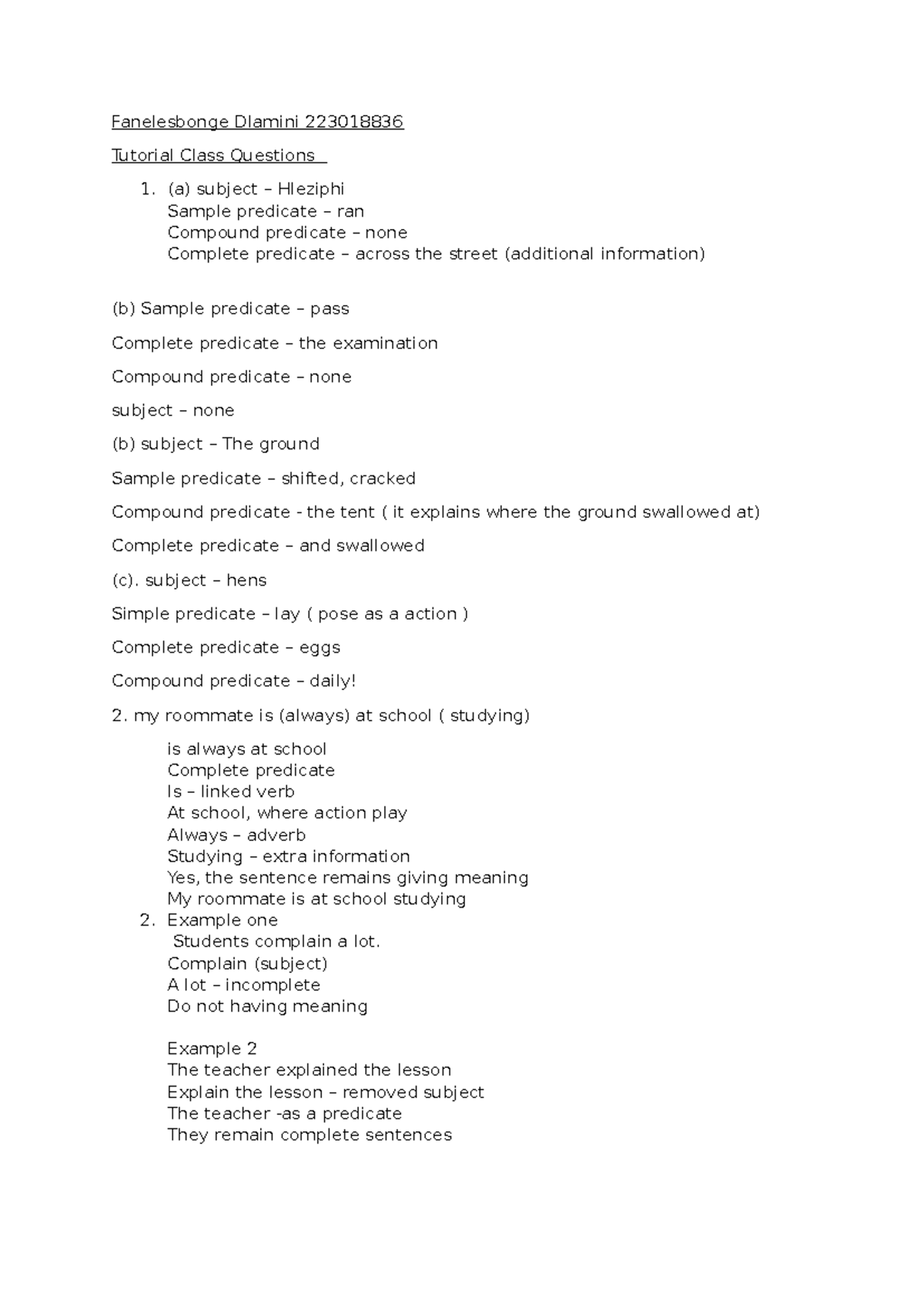 Tutorial Class Questions 223018836: Understanding Predicates and ...
