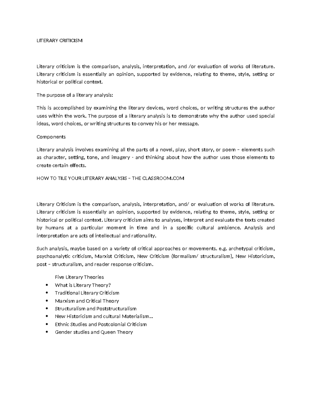 Literary Theories - Notes - LITERARY CRITICISM Literary criticism is ...