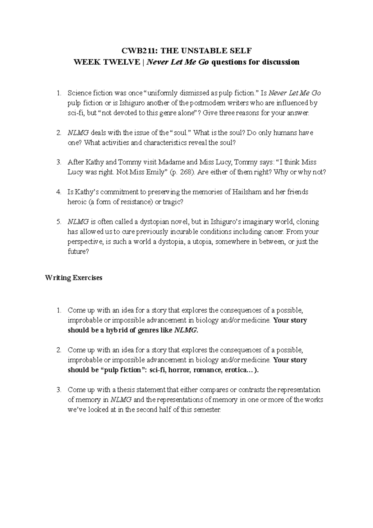 CWB211 Week Twelve Tutorial Questions - CWB211: THE UNSTABLE SELF WEEK ...