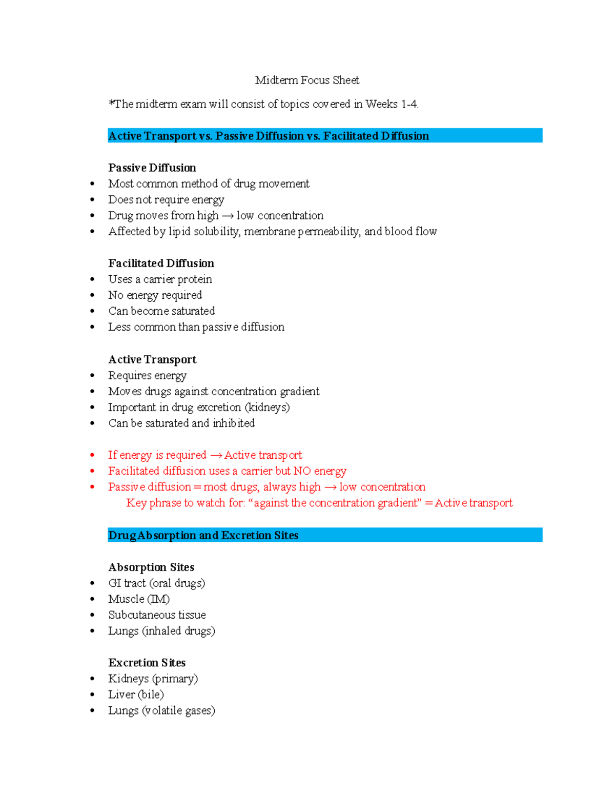 Midterm Exam Focus Sheet: Active Transport & Drug Metabolism - Studocu
