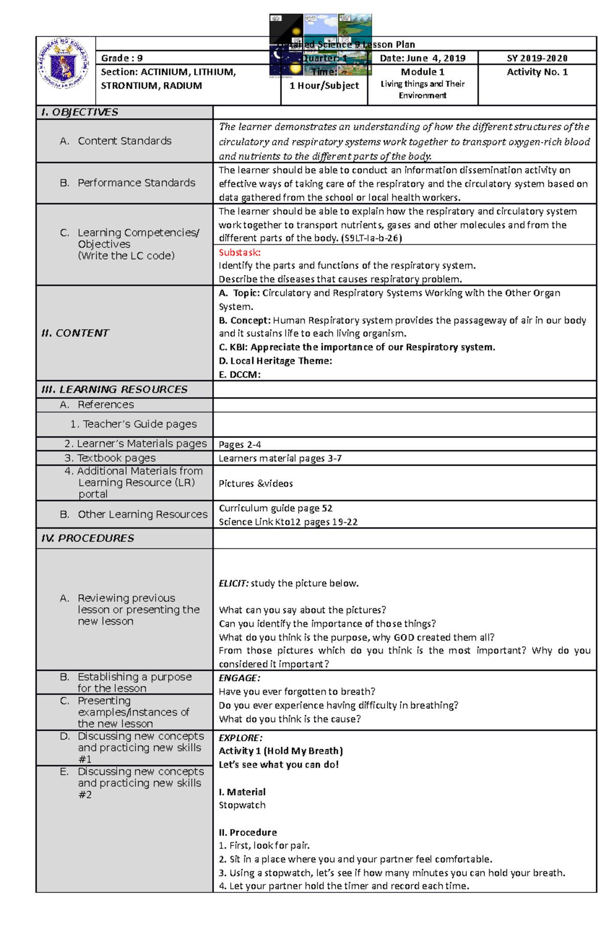 Science 9 Lesson Plan: Circulatory & Respiratory Systems Overview - Studocu
