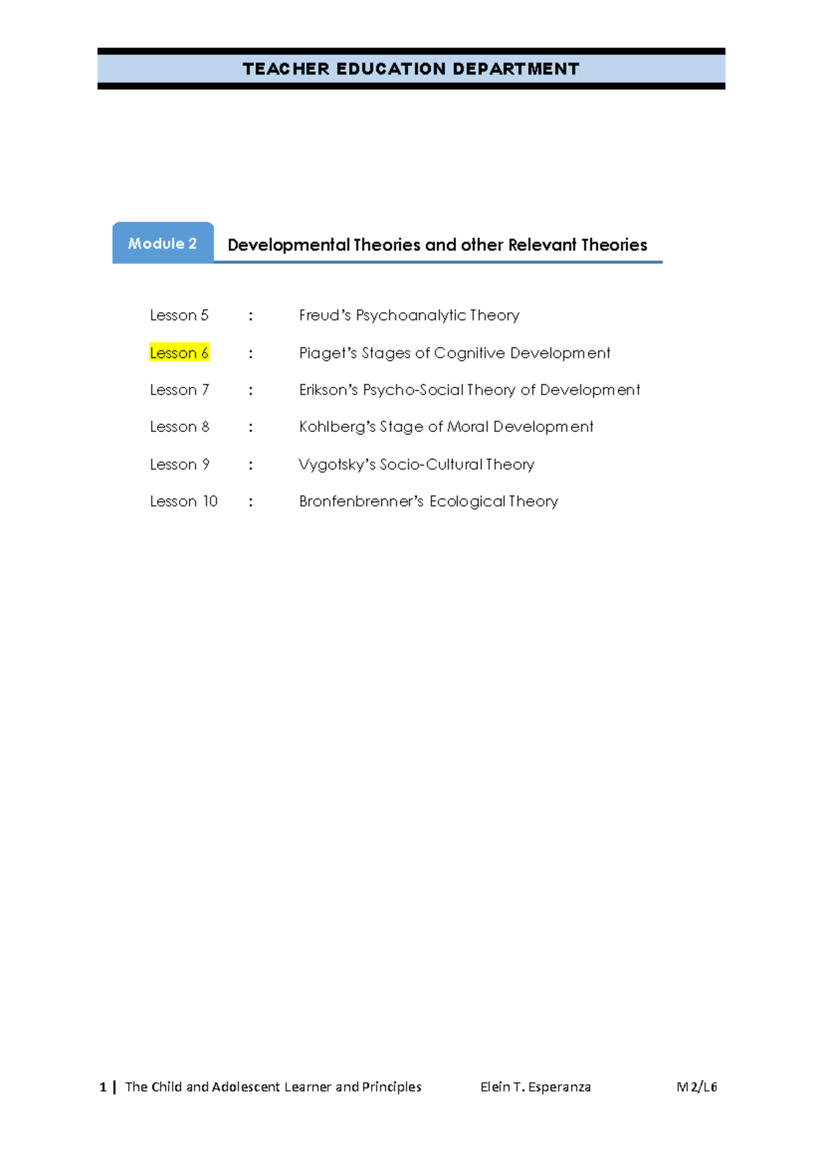 EDUC 2 Module 2: Lesson 6 - Stages of Cognitive Development - Studocu