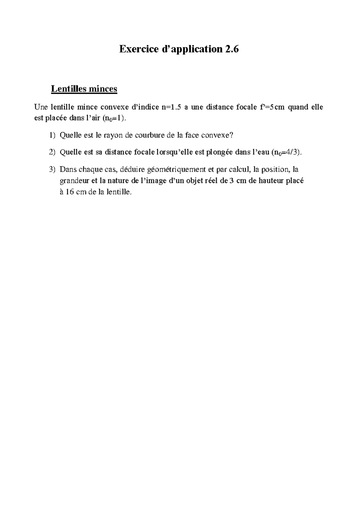 Exercice dapplication 2.6 les lentilles minces - Exercice d’application 2. Lentilles minces Une ...