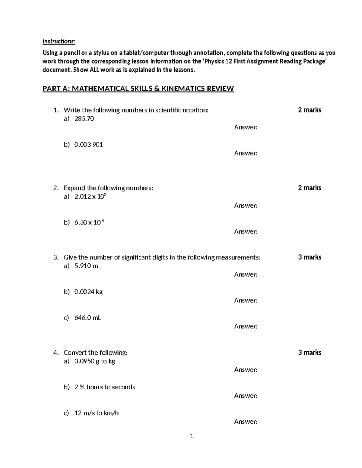 Physics 12: Kinematics Review & Assignment Instructions - Studocu