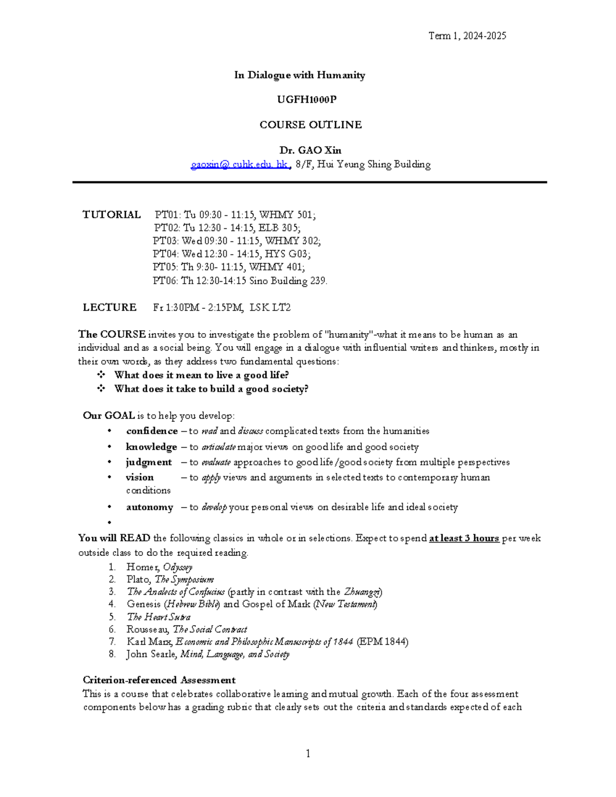 UGFH1000P Course Outline: In Dialogue with Humanity (2024) - Studocu