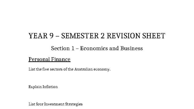 YEAR 9 SEMESTER 2 REVISION SHEET: Economics, Business & Geography - Studocu