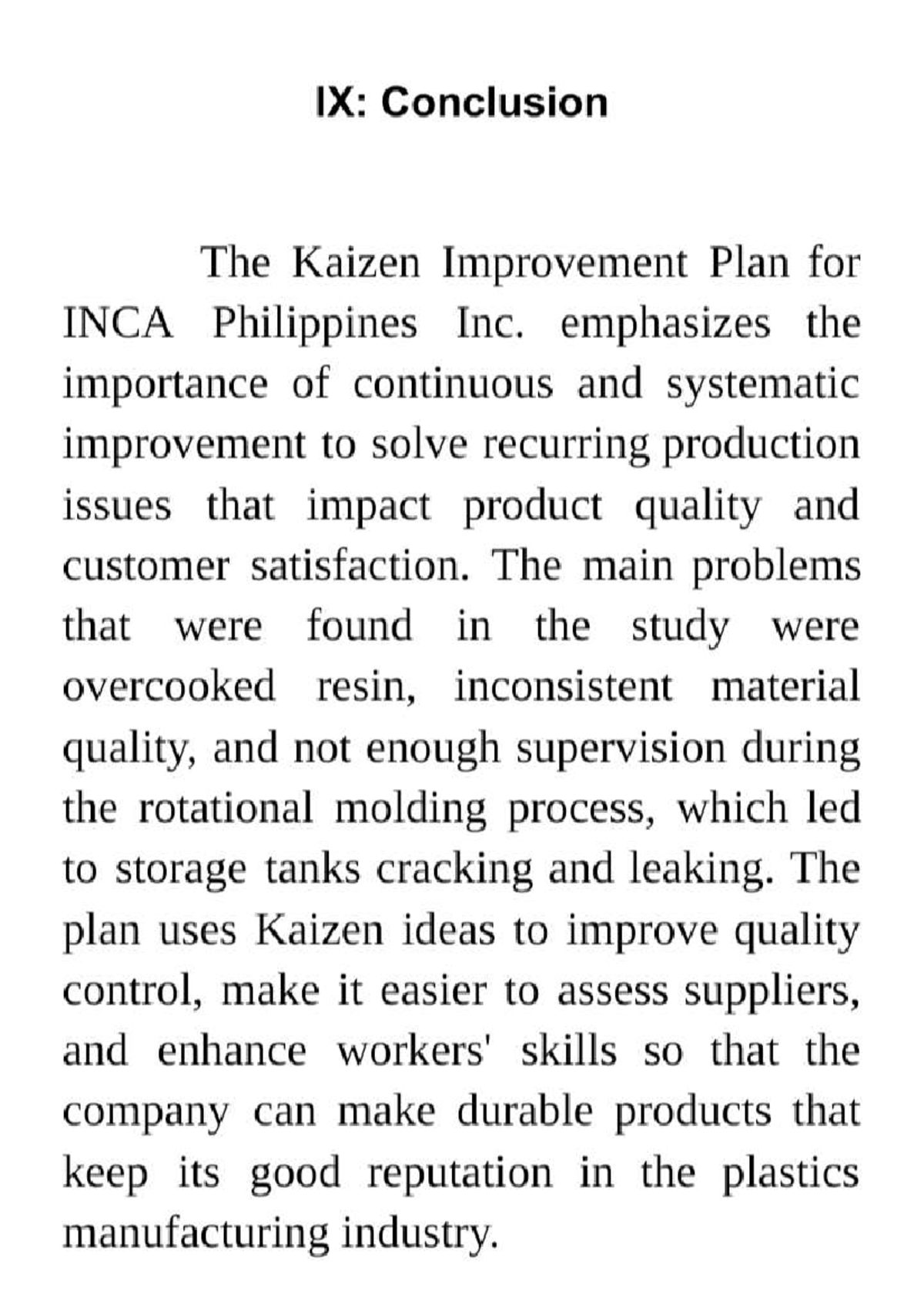 IX: Conclusion of the Kaizen Improvement Plan for INCA Philippines Inc ...