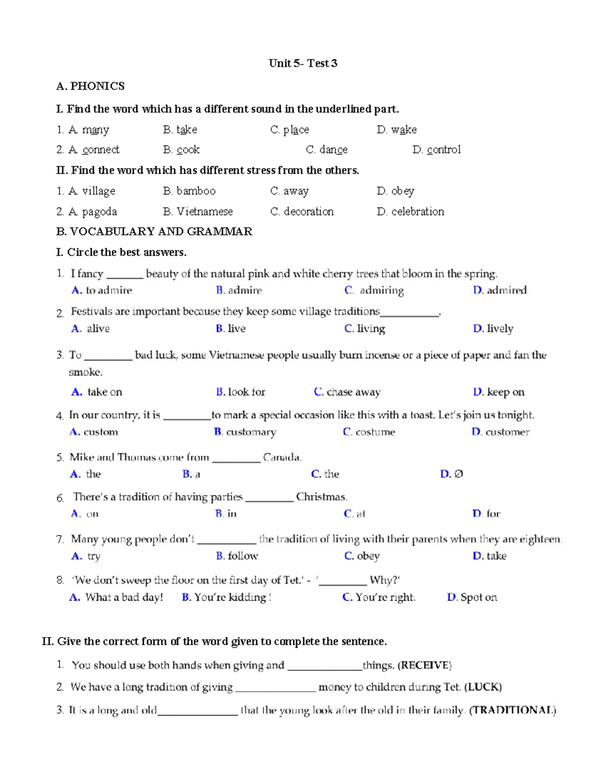 Unit 5- Our customs and traditions- Test3 - Unit 5- Test 3 A. PHONICS I ...