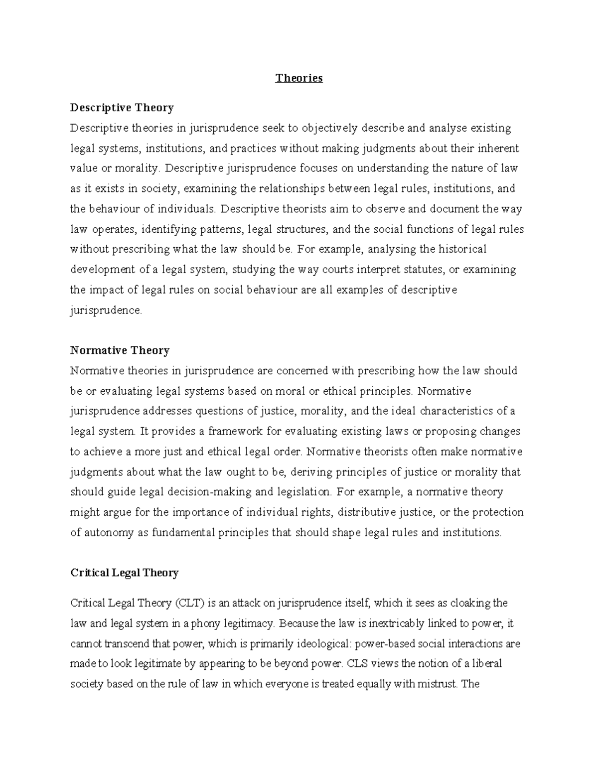 Legal Theories: Descriptive, Normative & Critical Analysis - Studocu