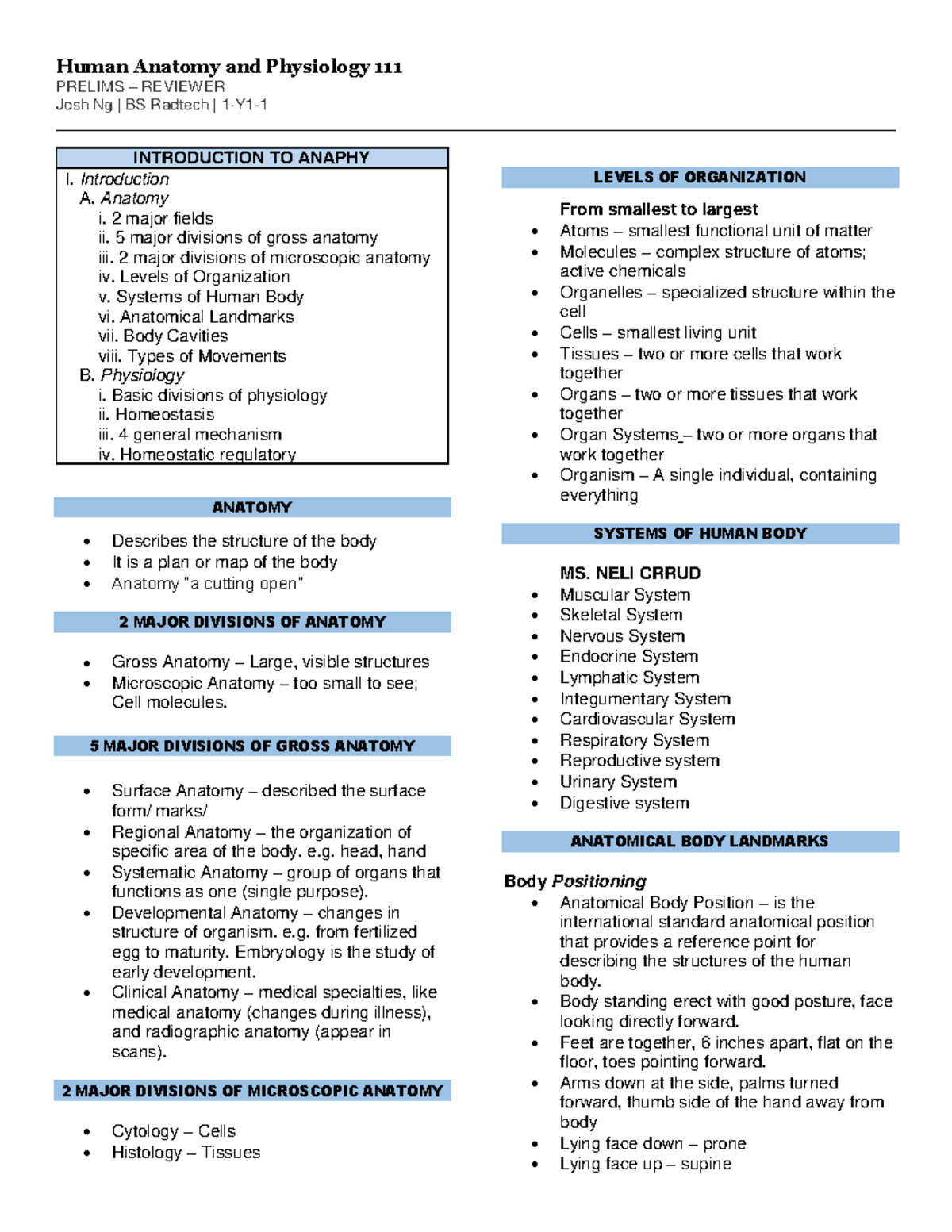 Prelims Reviewer: Anatomy & Physiology - BS Radtech 1-Y1-1 - Studocu