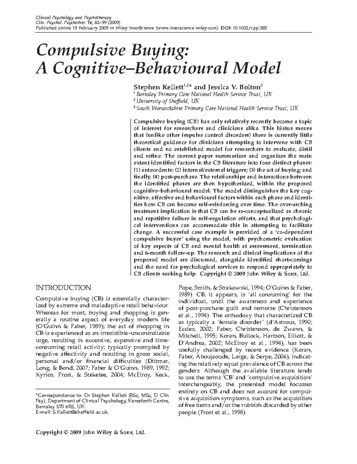 Compulsive Buying: A Cognitive Behavioral Model (Clin. Psychol. 16 ...