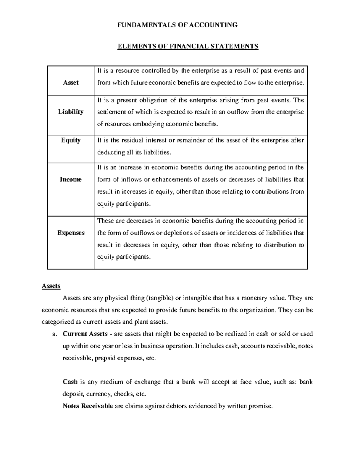Fundamentals of Accounting: Elements of Financial Statements - Studocu