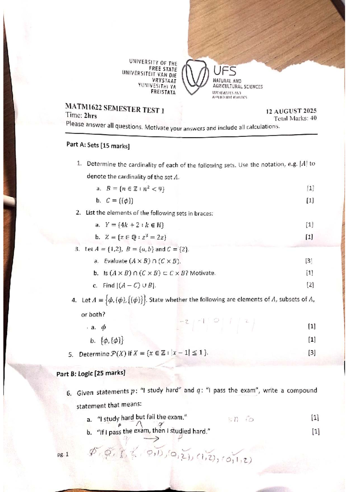 MATM1622 Semester Test 1: Mathematics & Logic Concepts - Studocu