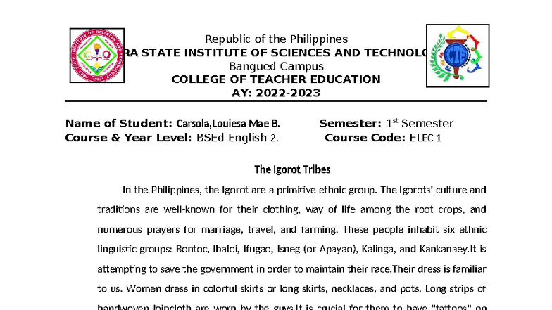 ELEC 1 - The Igorot Tribes: Culture and Traditions in the Philippines ...