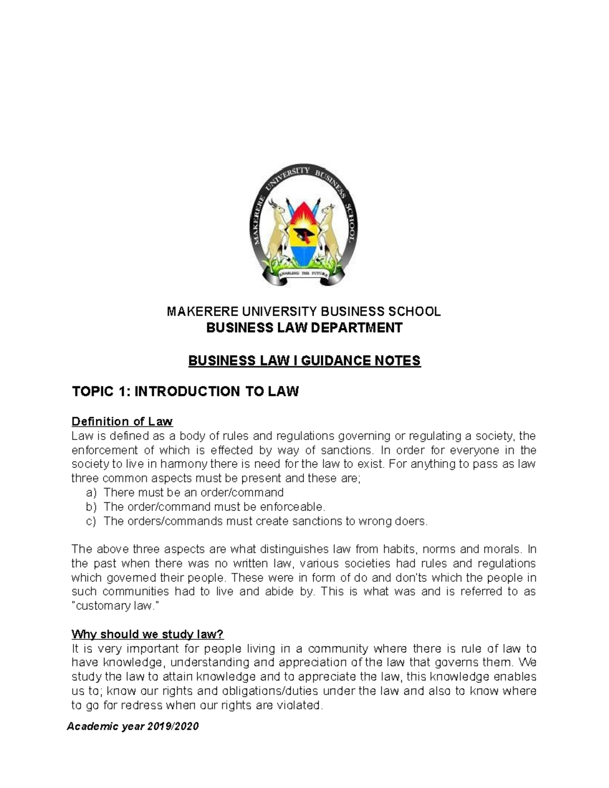 BUSINESS LAW I GUIDANCE NOTES: INTRODUCTION TO LAW - Studocu