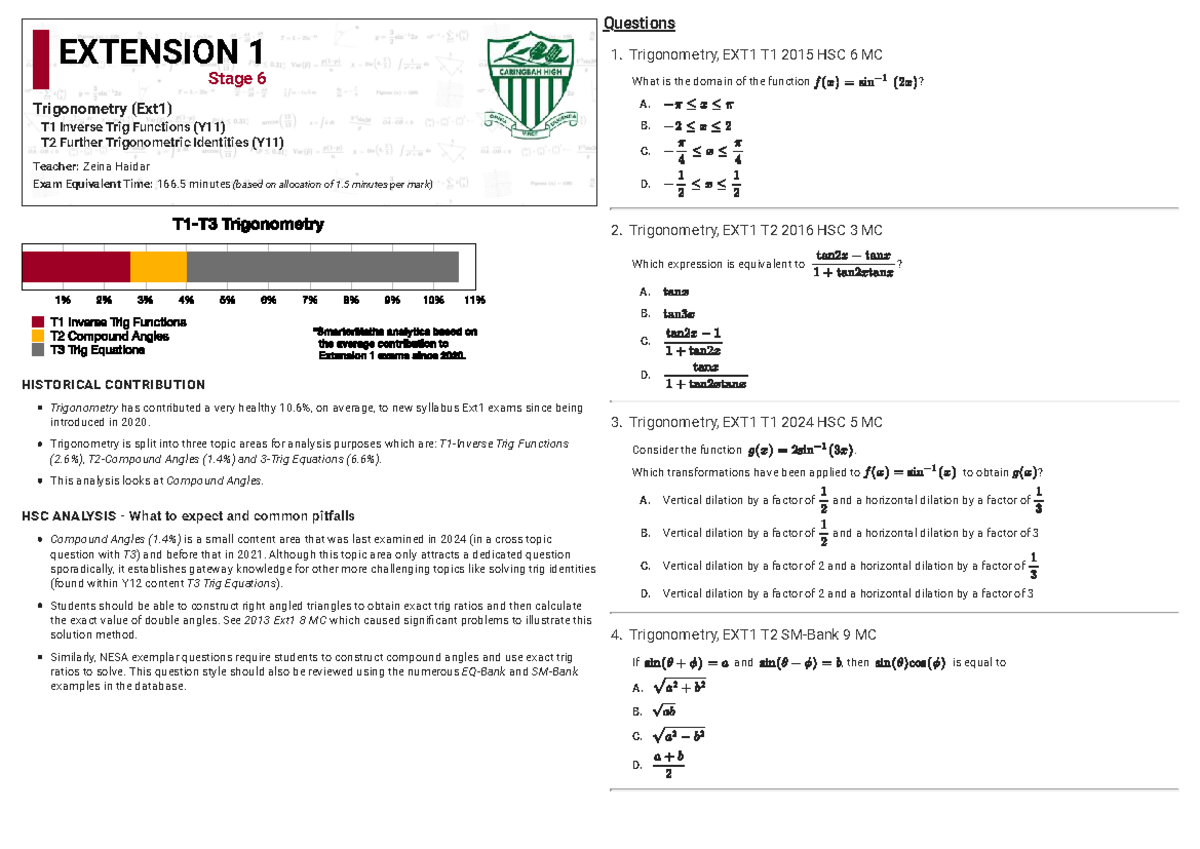 HSC EXT1 Trigonometry Practice Questions and Analysis - Studocu