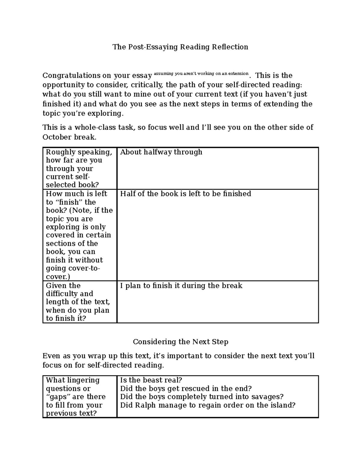 Self-Selected Reading Reflection & Next Steps (3904285) - Studocu