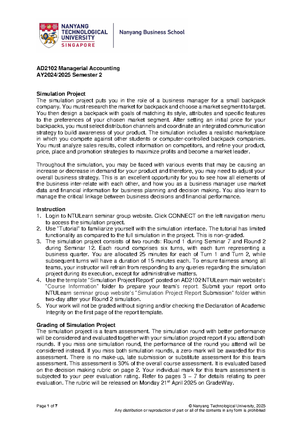 AD2102 Managerial Accounting Semester 2 Simulation Project Guide - Studocu