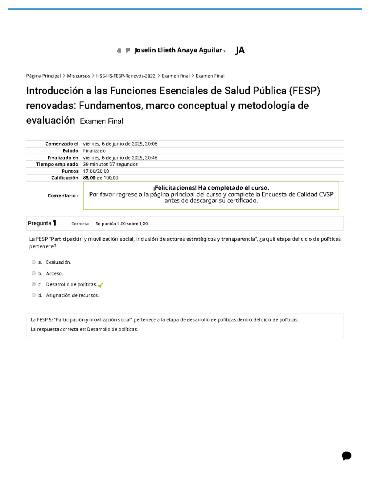 Examen Final FESP: Introducción a las Funciones Esenciales de Salud Pública - Studocu