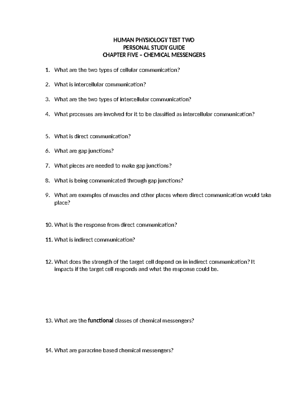 HUMAN PHYSIOLOGY TEST 2 STUDY GUIDE: CHAPTER 5 CHEMICAL MESSENGERS ...