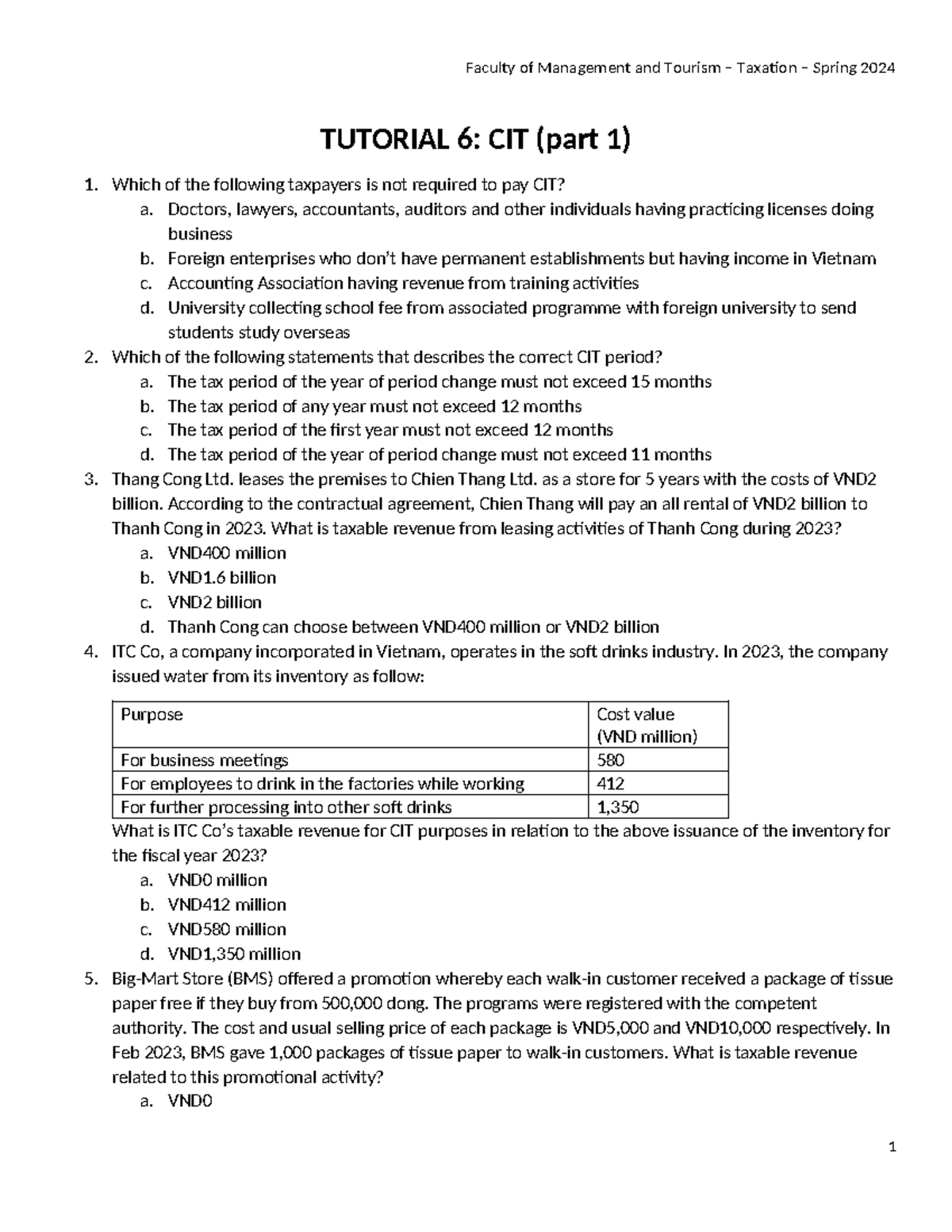 CIT Tutorial 6 - Key Concepts and Taxable Revenue Calculations - Studocu