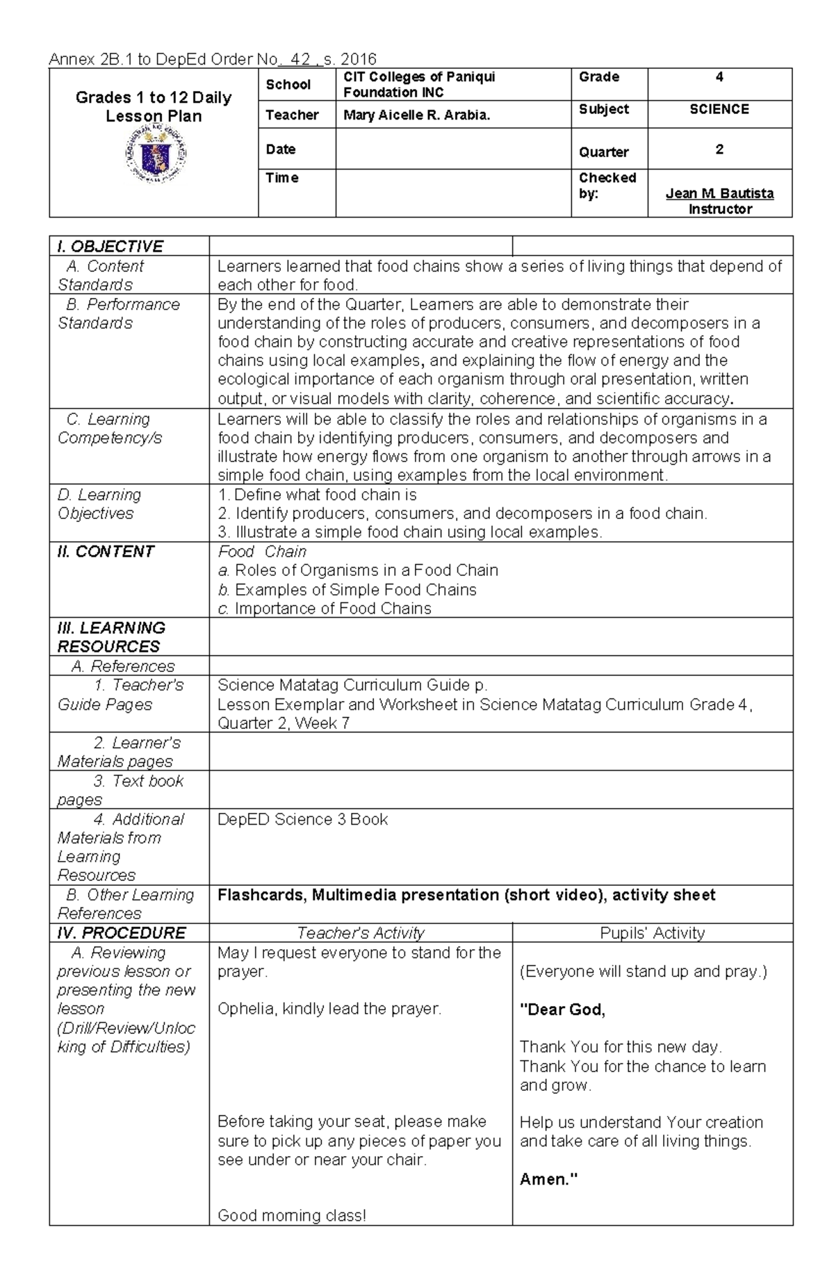 Grade 4 Science Lesson Plan: Understanding Food Chains (Quarter 2 ...