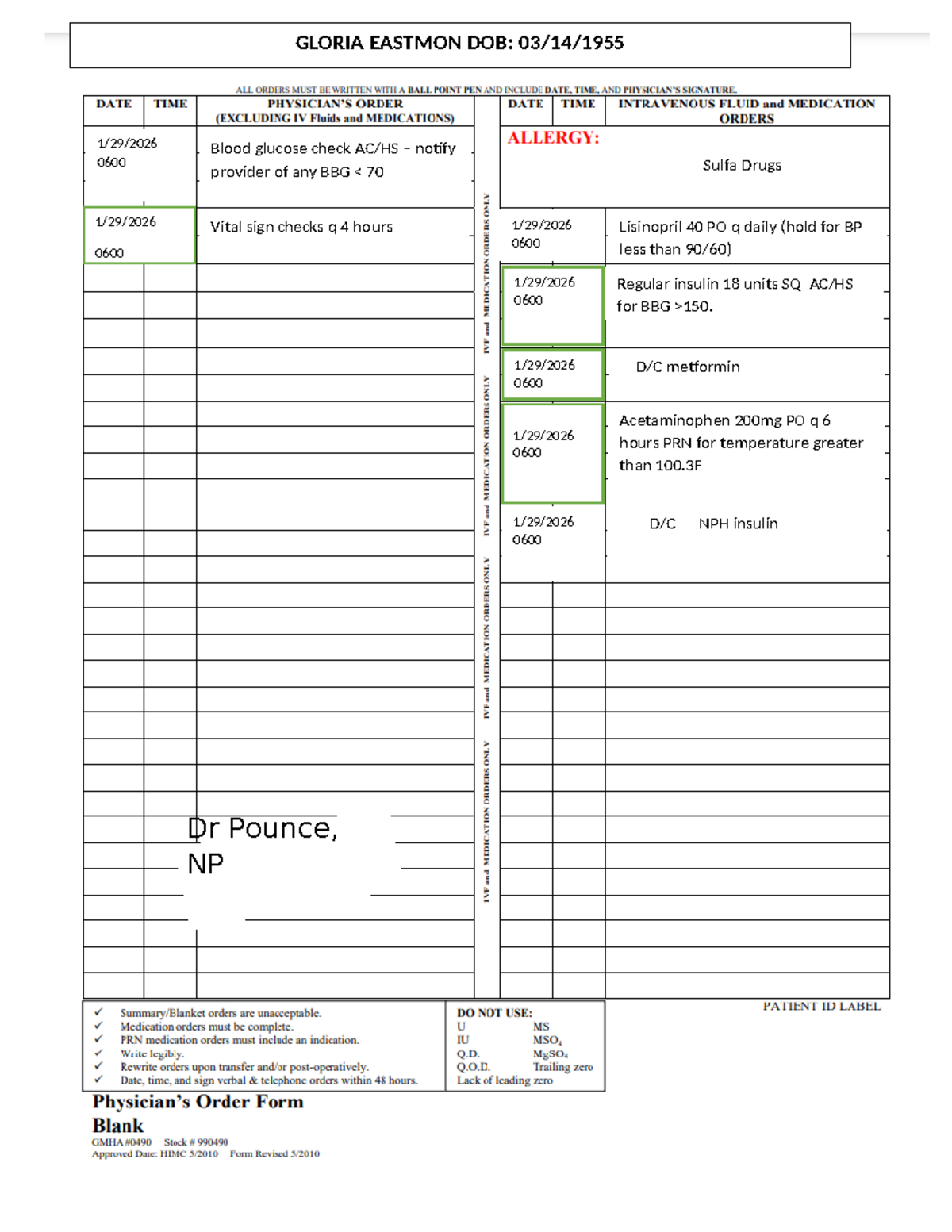 Gloria Provider Order - ,,, - Blood glucose check AC/HS – notify ...