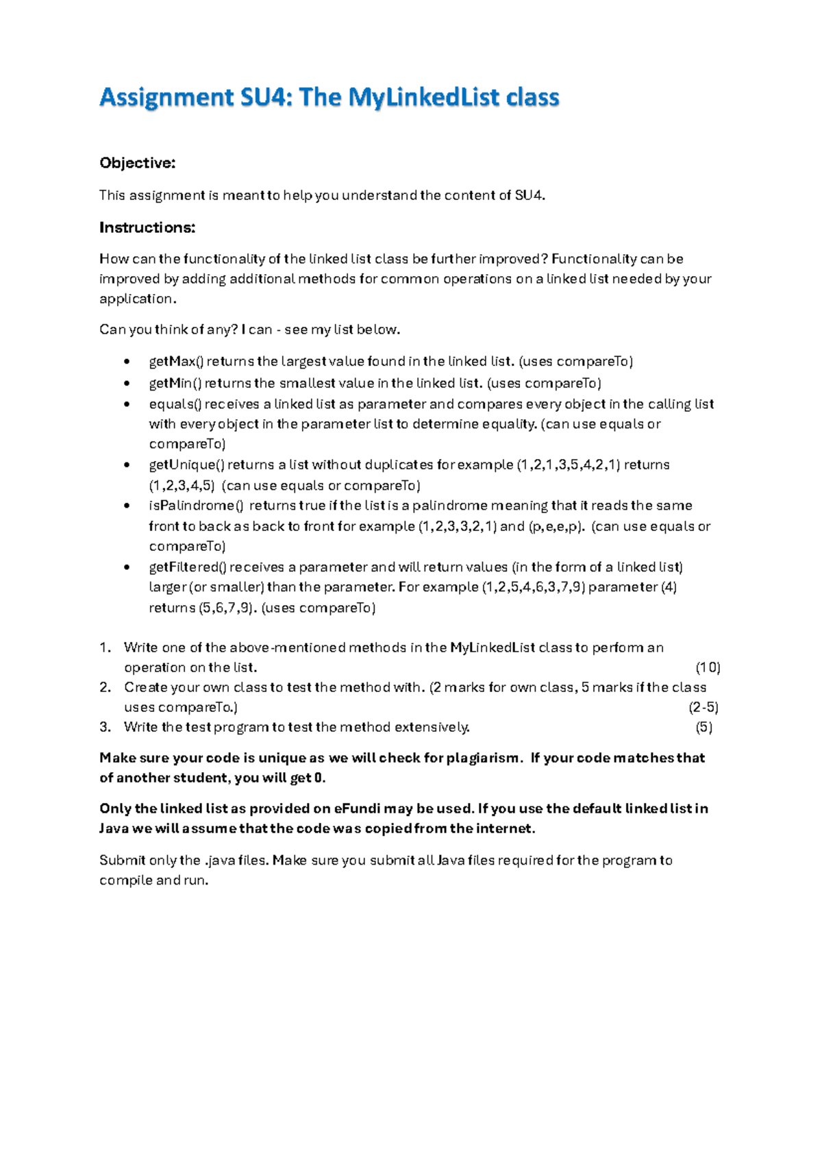 MyLinkedList Class Assignment SU4: Instructions & Enhancements Guide - Studocu
