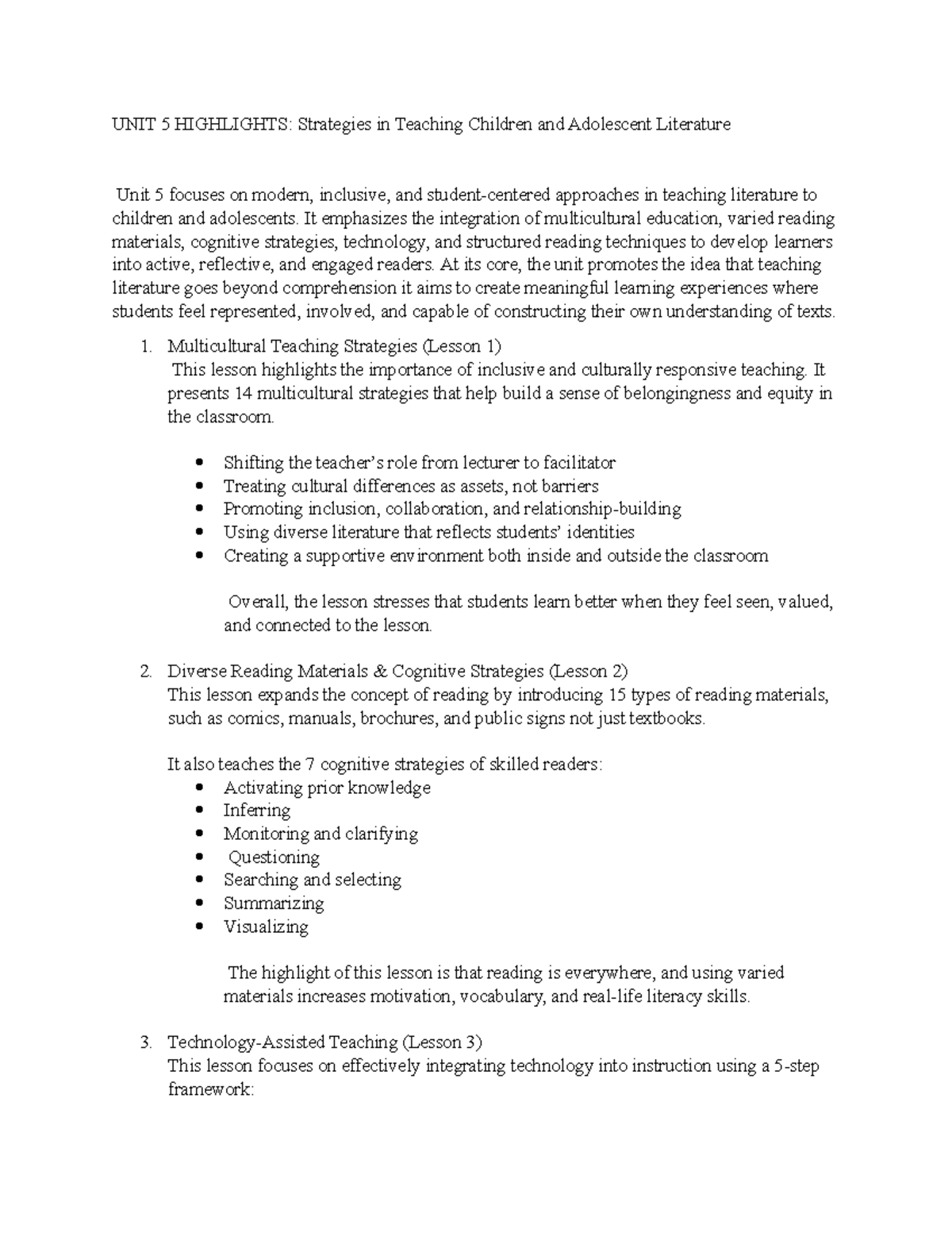 UNIT 5: Highlights & Test on Strategies for Teaching Lit to Kids ...