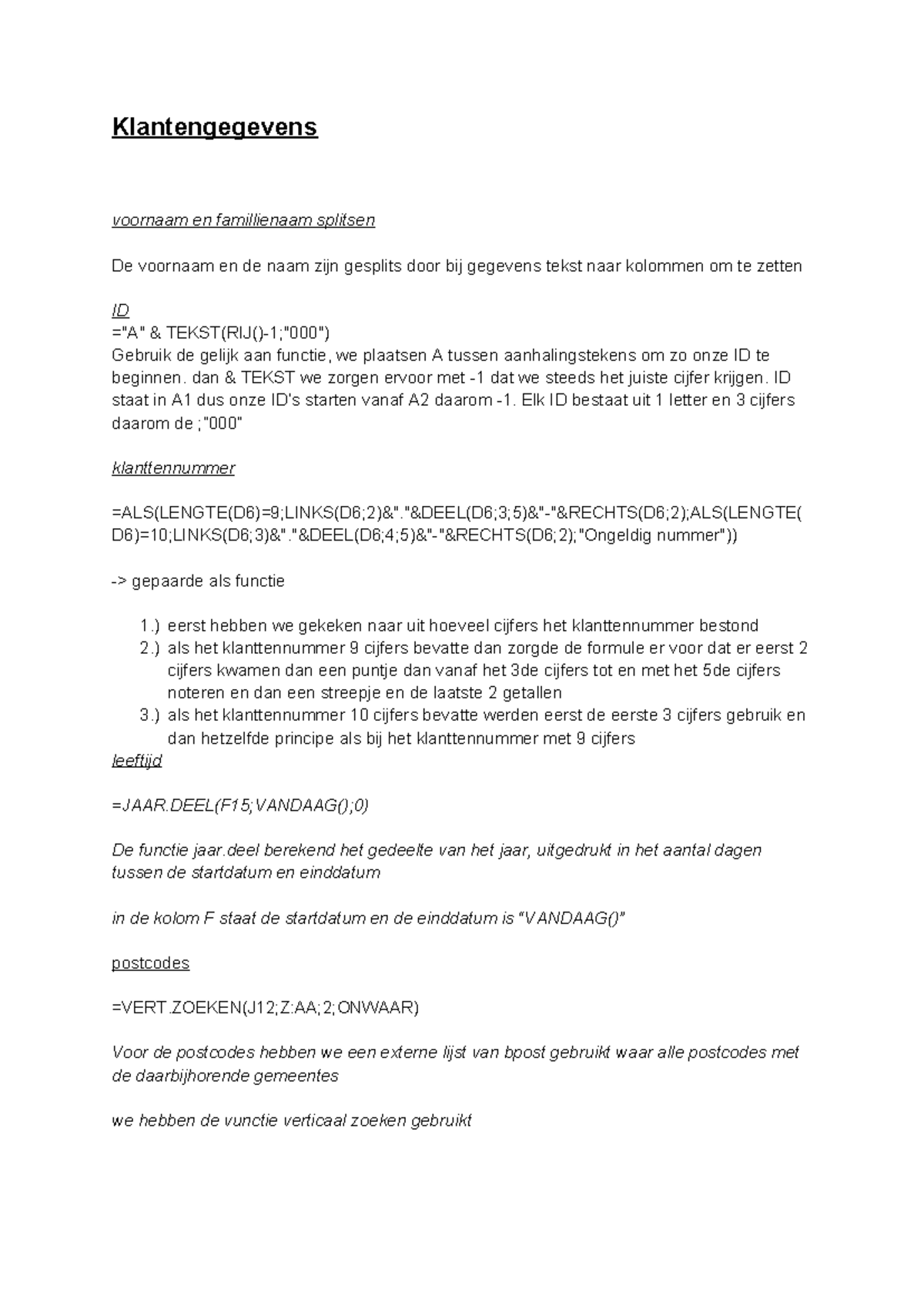 Excel Formules Uitleg: Klantengegevens Splitsen en Analyseren - Studocu