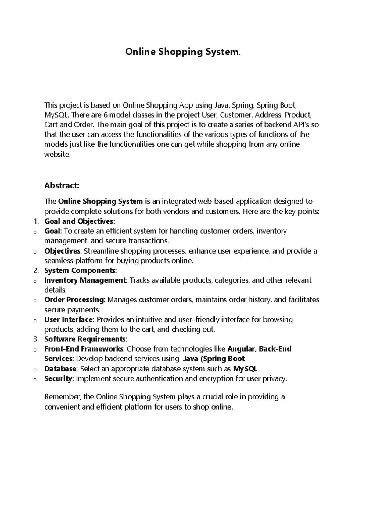 Online Shopping System Project Overview: Java, Spring Boot & MySQL - Studocu