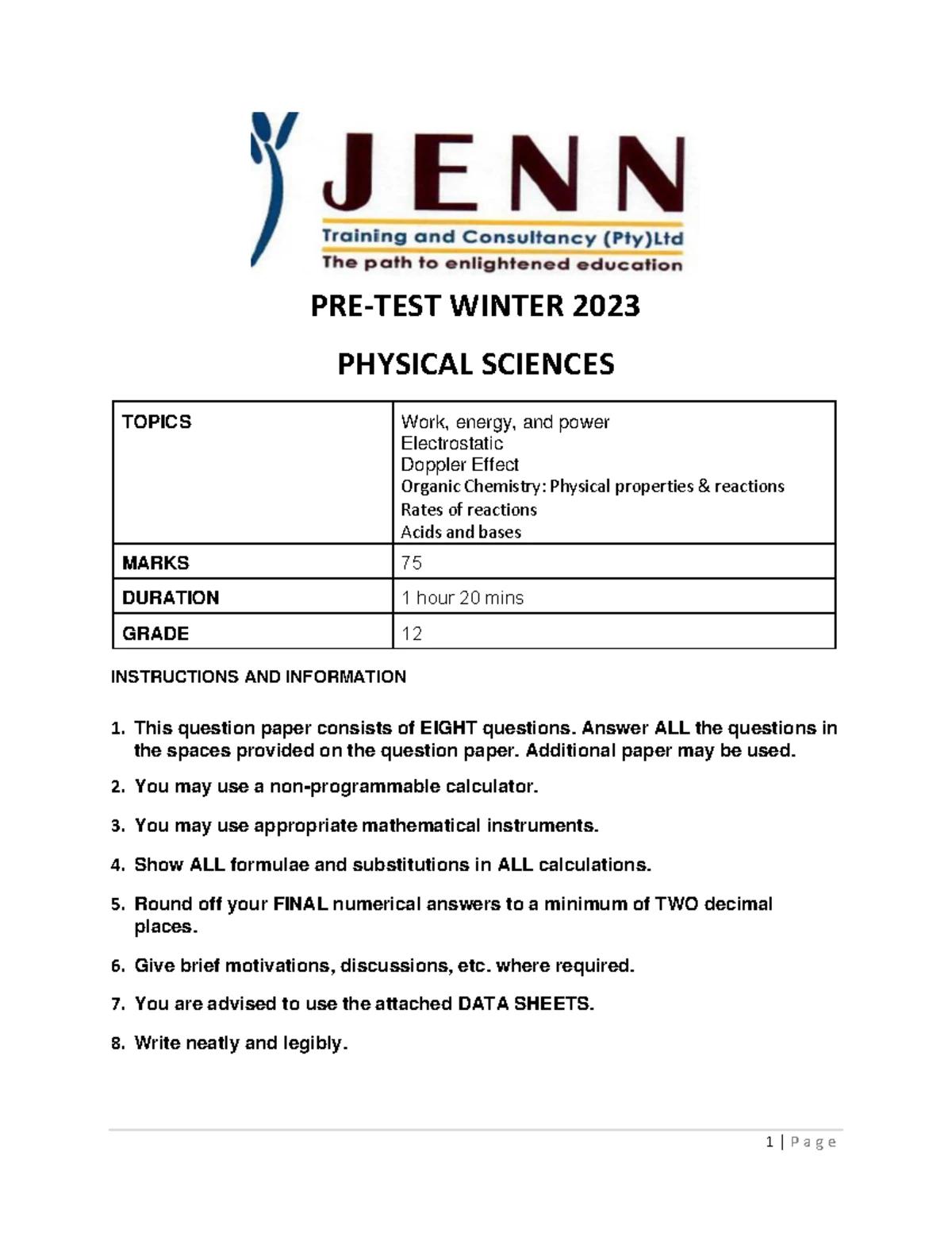 JENN Physical Sciences Pre-test Memo - Winter Classes 2023 Overview ...