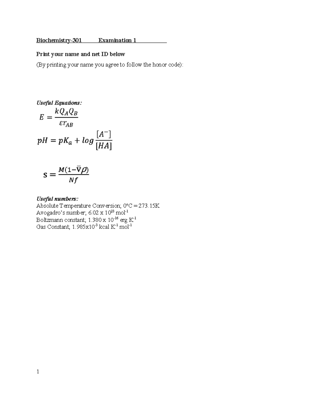 Exam 1 blank - E1 biochem - Biochemistry-301 Examination 1 Print your ...