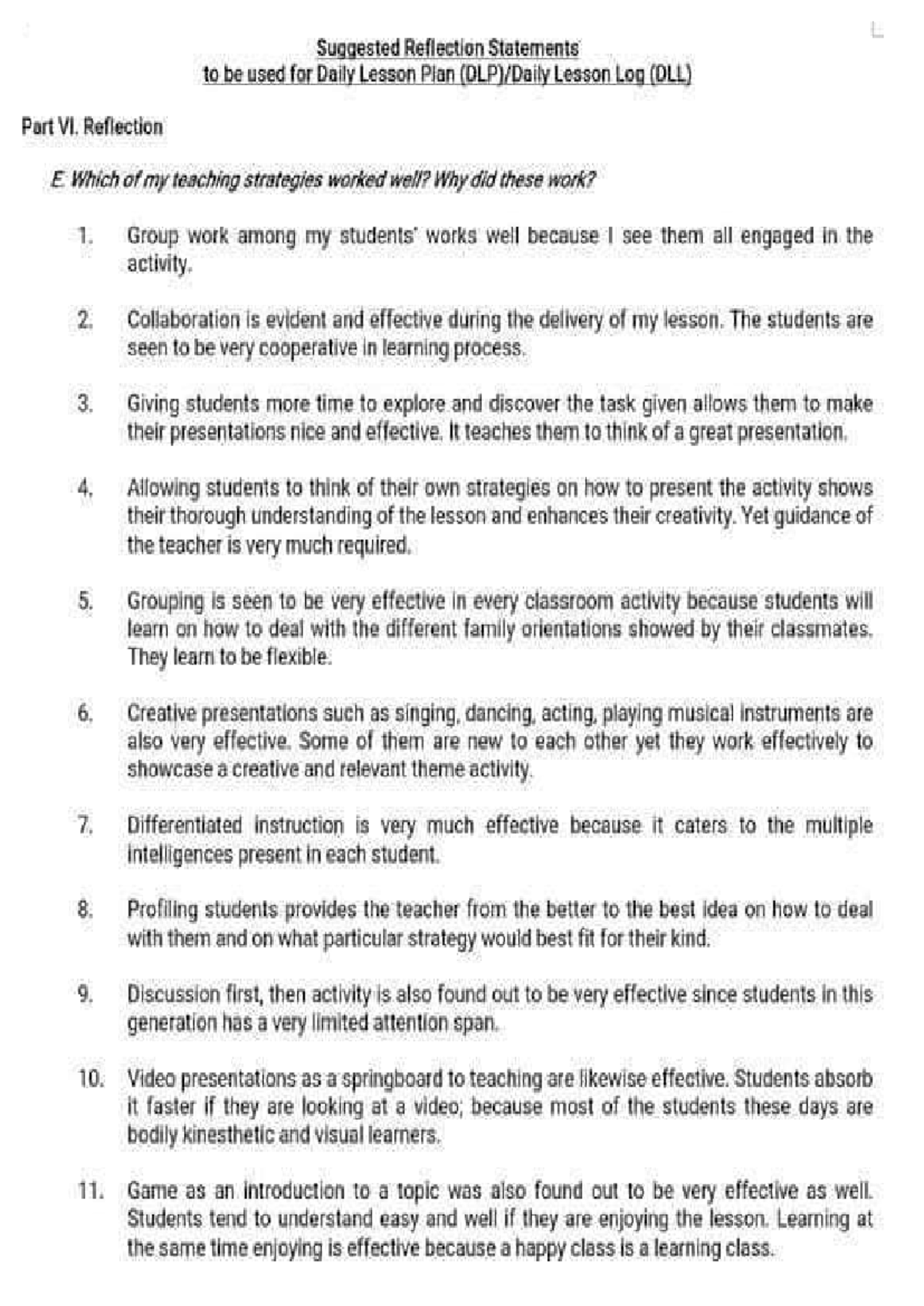 DLL Reflection Statements: Effective Teaching Strategies Overview - Studocu