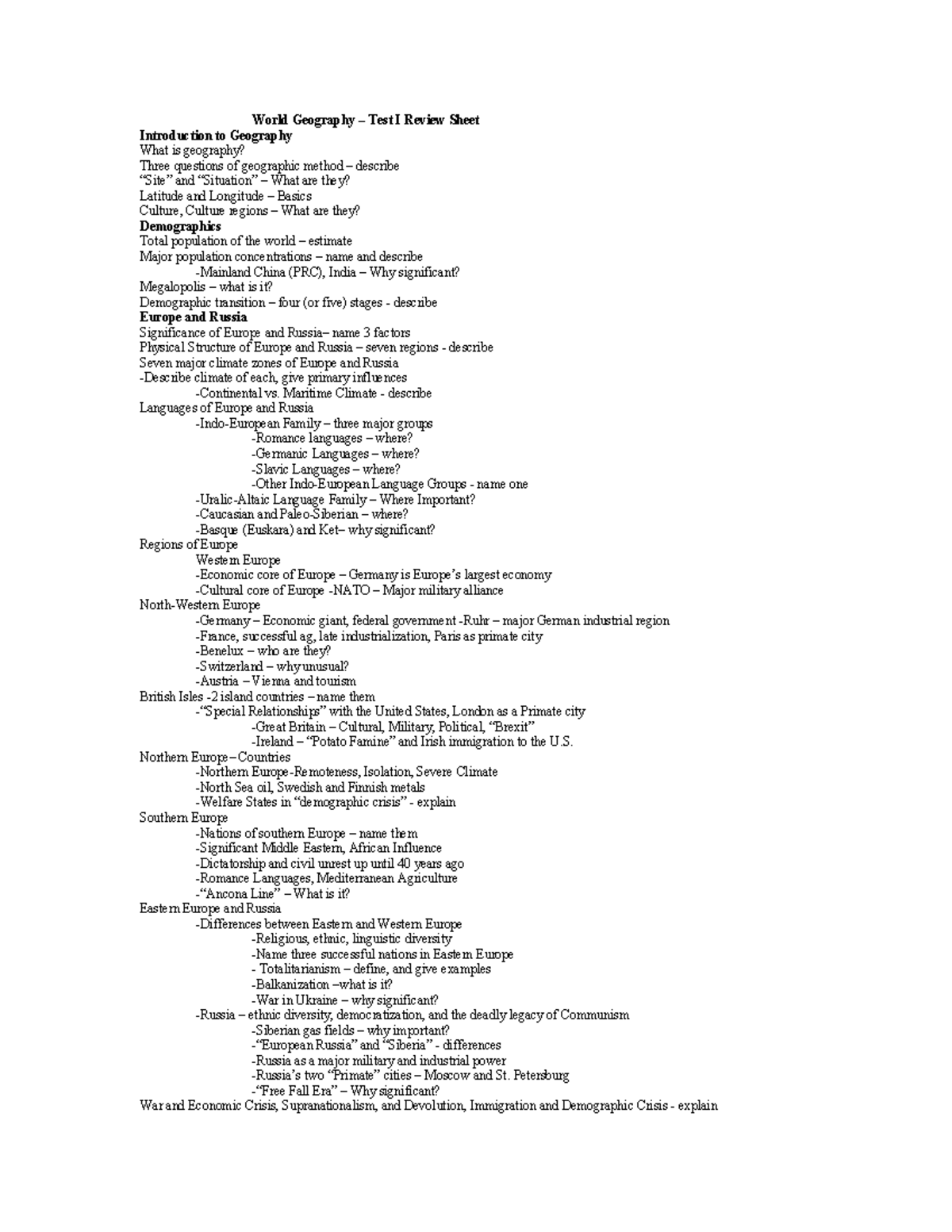 World Geography – Test I Review Sheet: Key Concepts & Regions - Studocu