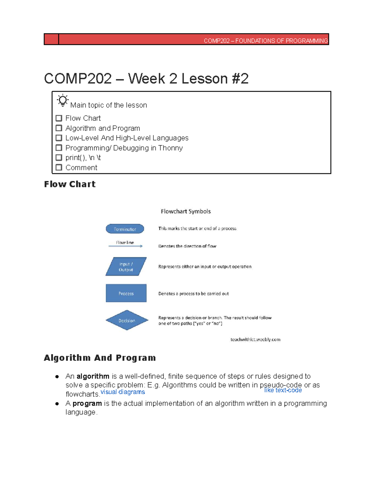 COMP202 Week 2 Lesson: Flow Chart Algorithms & Debugging in Thonny ...