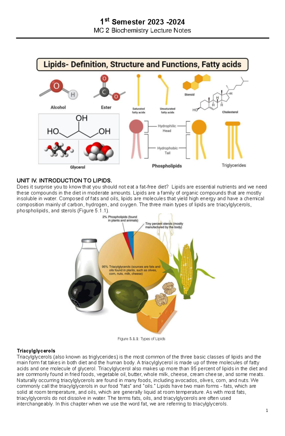 MC 2 Biochemistry Lecture Notes: Introduction to Lipids (2023-2024 ...