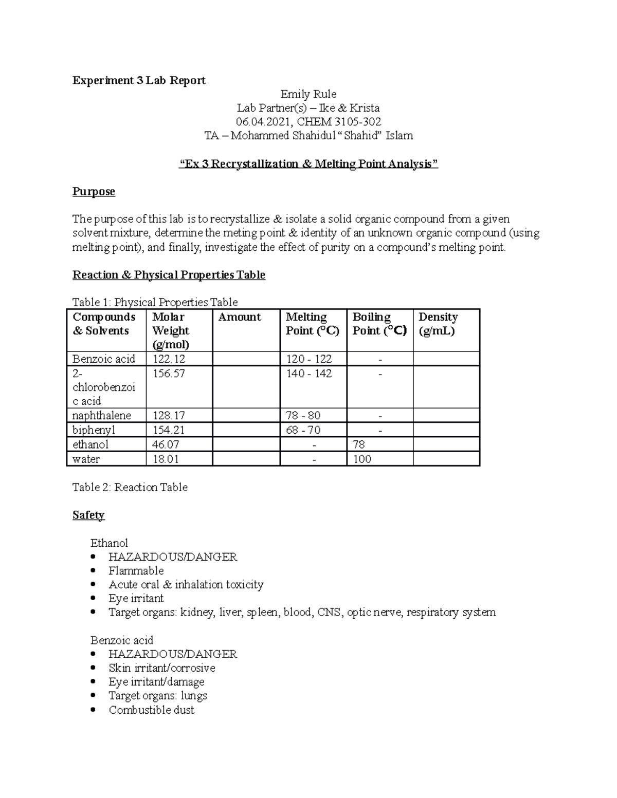 Experiment 3 Lab Report - Experiment 3 Lab Report Emily Rule Lab ...
