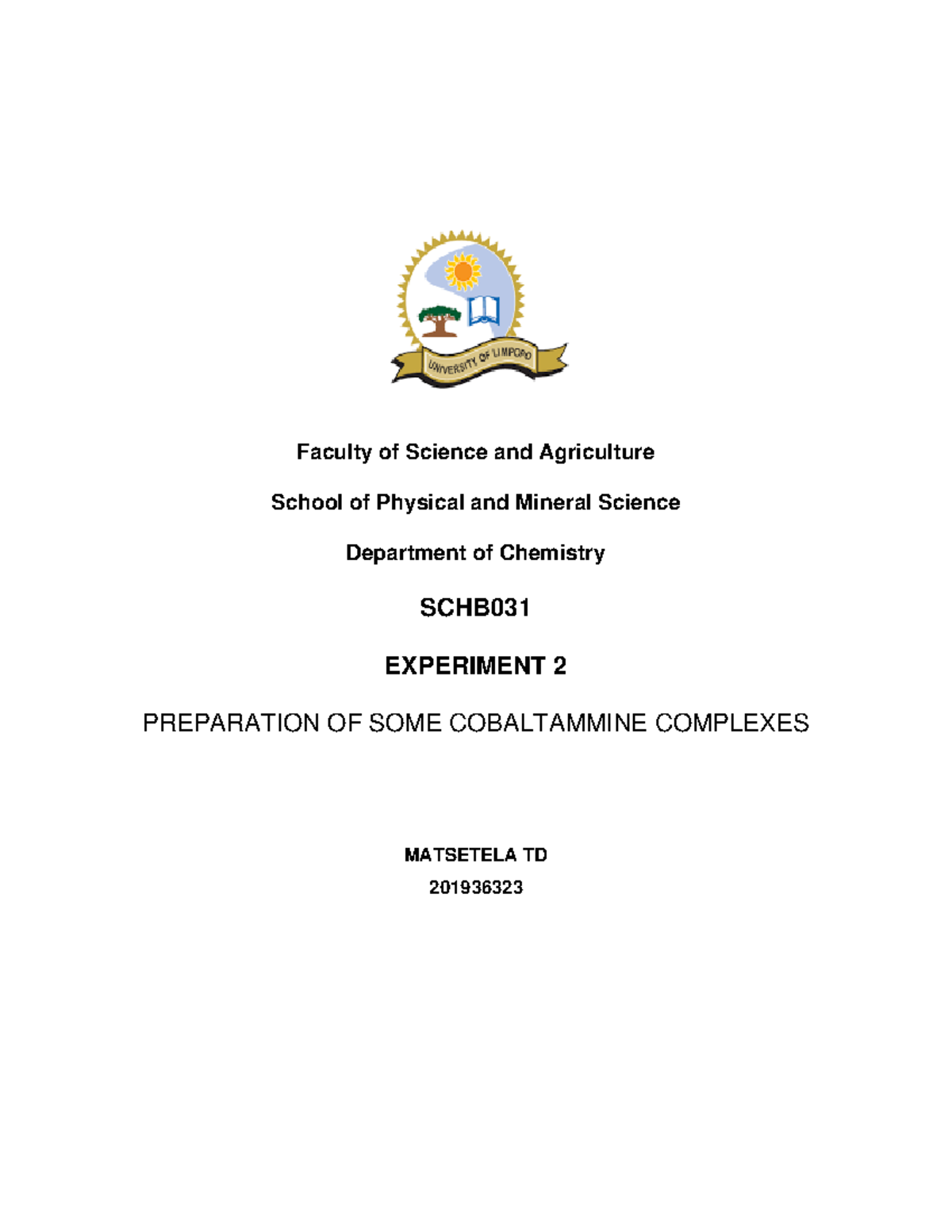 Preparation of Cobaltammine Complexes - Experiment 2 (SCHB) - Studocu